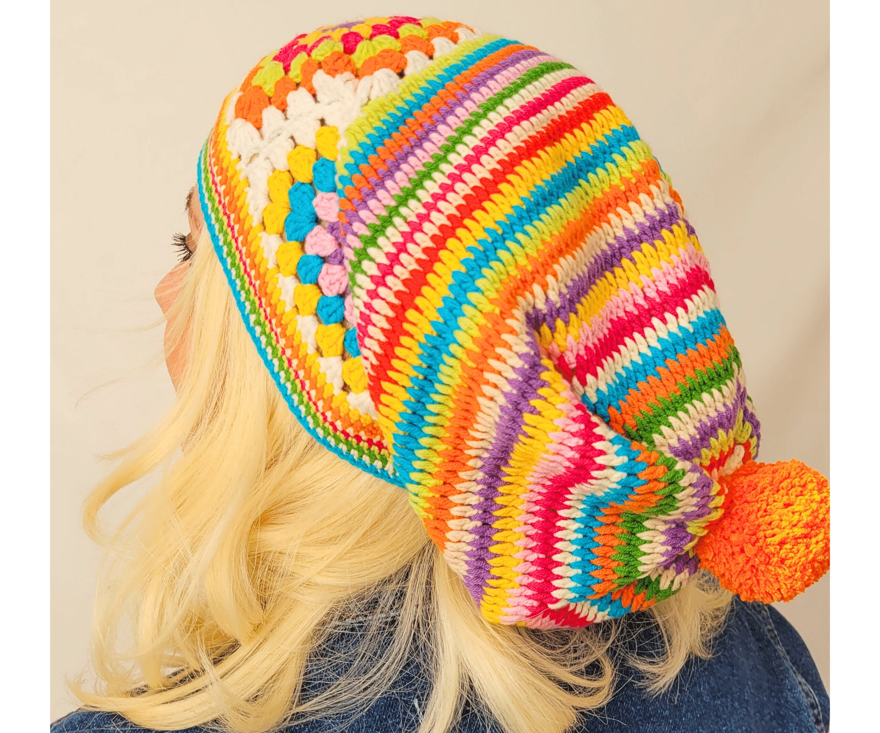 Handknit Granny Square Slouchy Colorful Stripted Colorful Beanie With ...