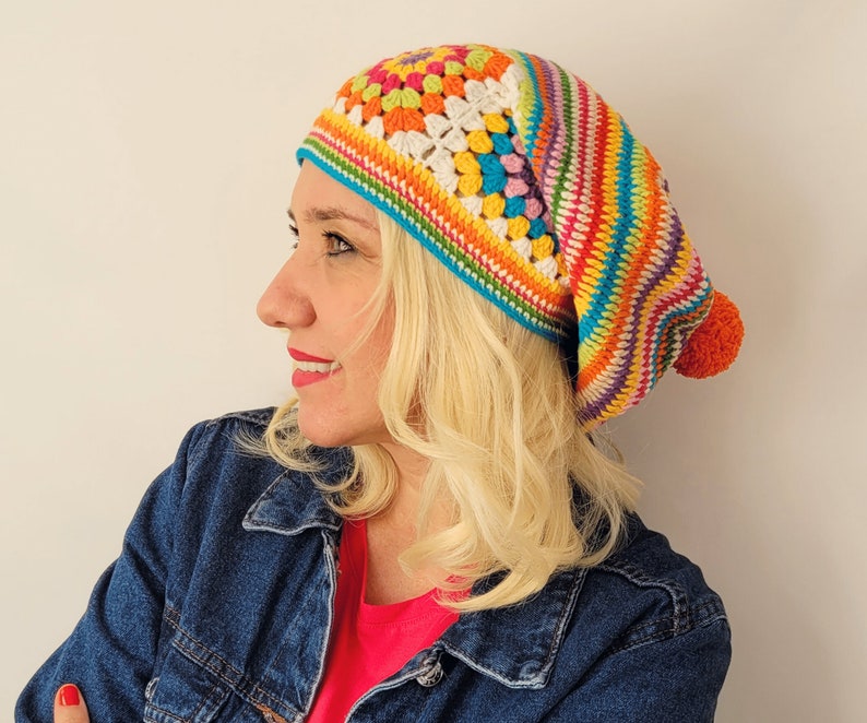 Handknit Granny Square Slouchy Colorful Stripted Colorful Beanie With ...