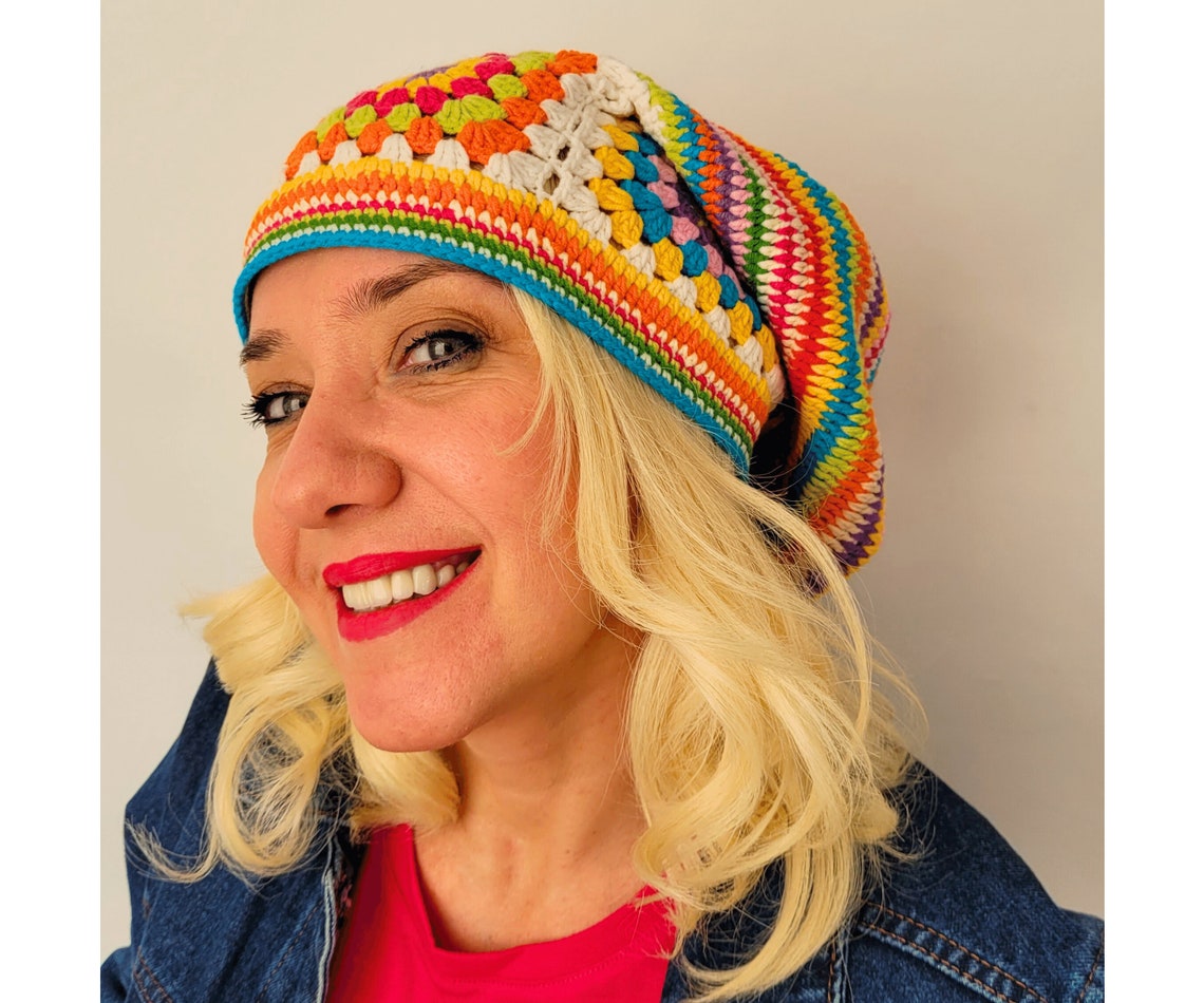 Handknit Granny Square Slouchy Colorful Stripted Colorful Beanie With ...