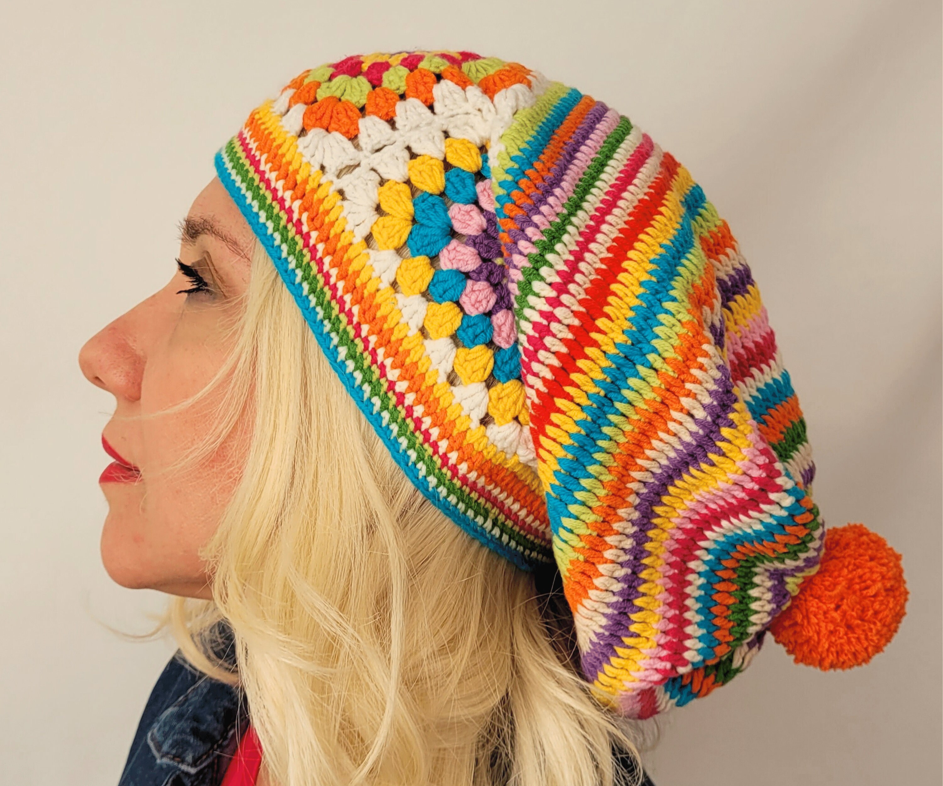 Handknit Granny Square Slouchy Colorful Stripted Colorful Beanie With ...