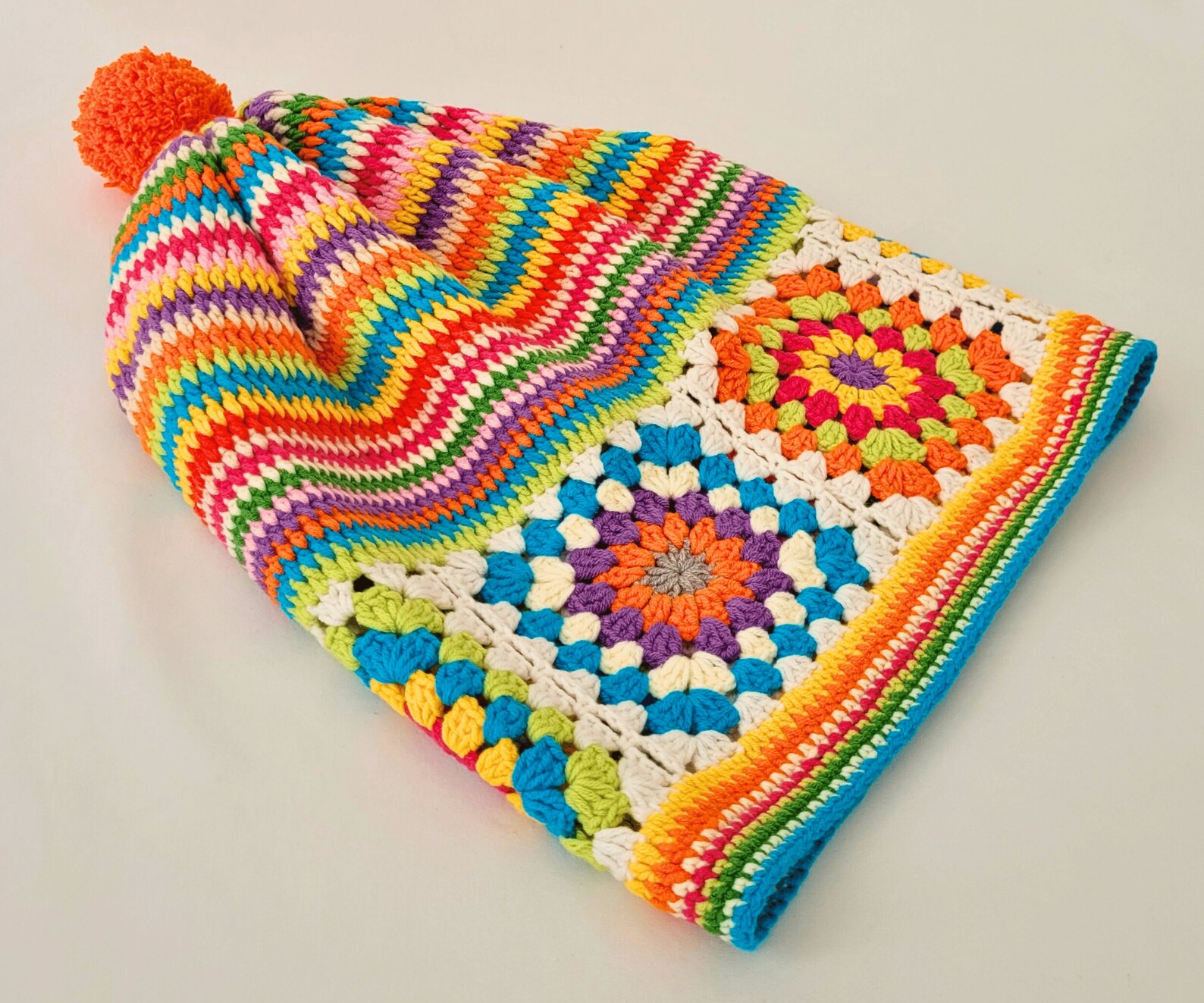 Handknit Granny Square Slouchy Colorful Stripted Colorful Beanie With ...