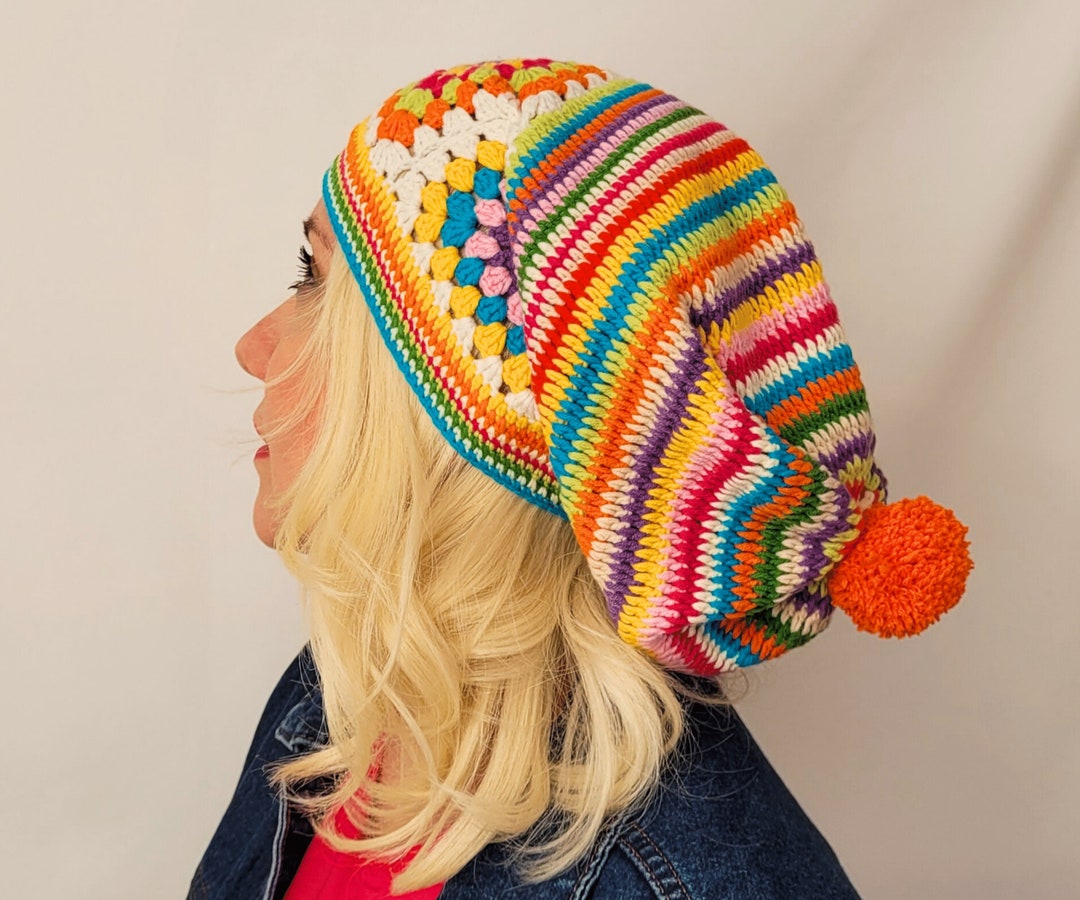 Handknit Granny Square Slouchy Colorful Stripted Colorful Beanie With ...
