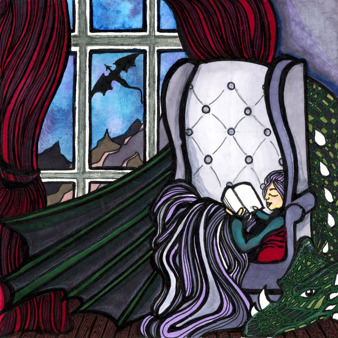 Dragon Reader Bookworm Art Print 8x8 - Etsy
