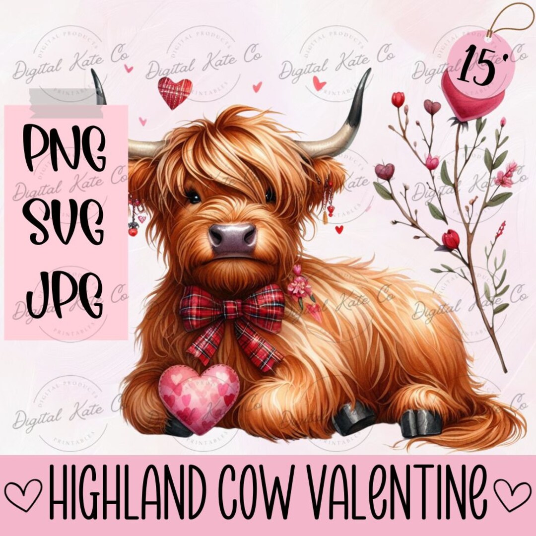 Valentine Highland Cow, Cute Cow SVG, Western Valentine Png, Valentine ...