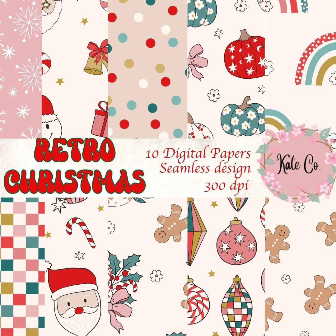 Retro Christmas Digital Paper, Christmas Digital Paper, Holiday Digital ...