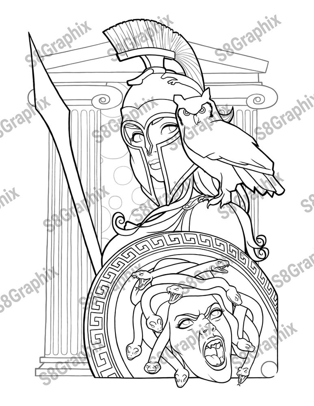 Hand-drawn Adult Coloring Page of the Ancient Greek Goddess Athena, Her ...