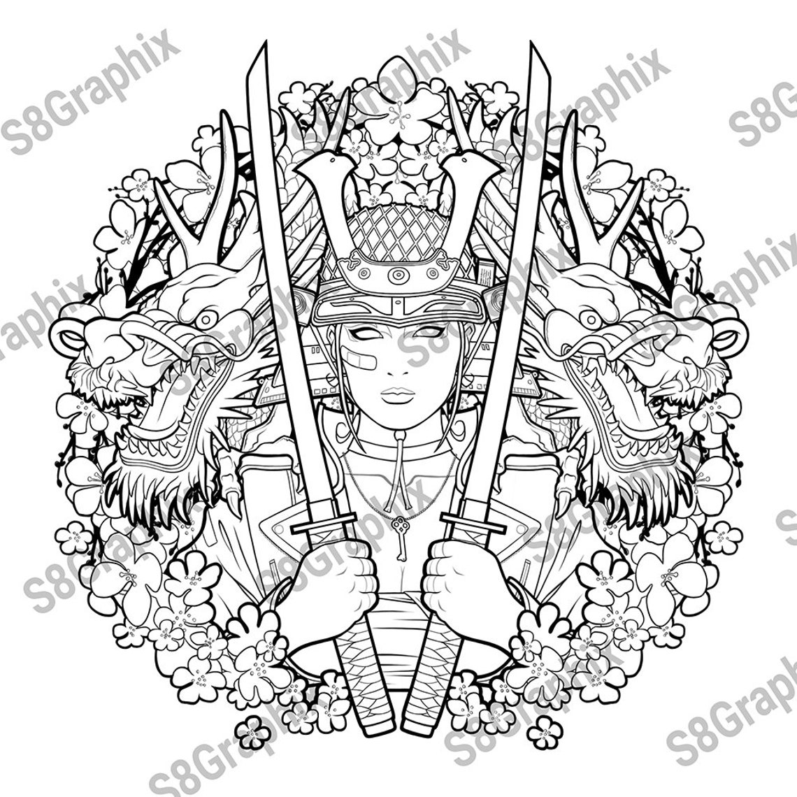 Hand-drawn Adult Coloring Page of a Ronin With Katanas and Dragons. Jpg ...