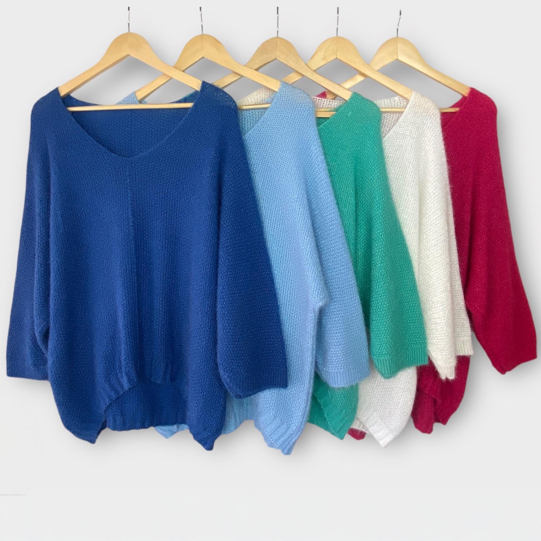 Fluffy Knitted V Neck Jumper Sweater, Loose Shimmer Shiny Boho Knit ...