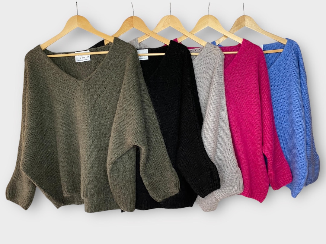 Mohair Wool V Neck Jumper Sweater, Loose Oversized Knitted Boho Knit ...