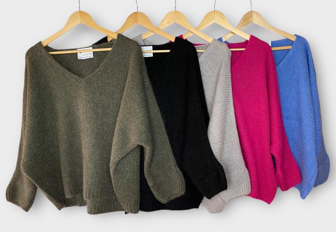 Mohair Wool V Neck Jumper Sweater, Loose Oversized Knitted Boho Knit ...