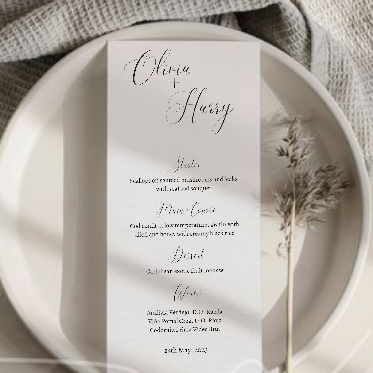 Wedding Menu and Name Card Place Template, Modern Elegant Minimal ...