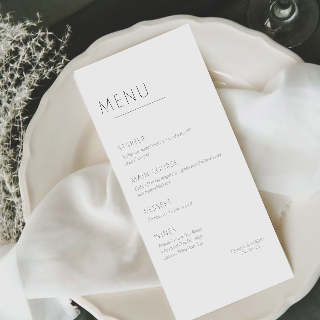 Wedding Menu and Name Card Place Template, Modern Elegant Minimal ...