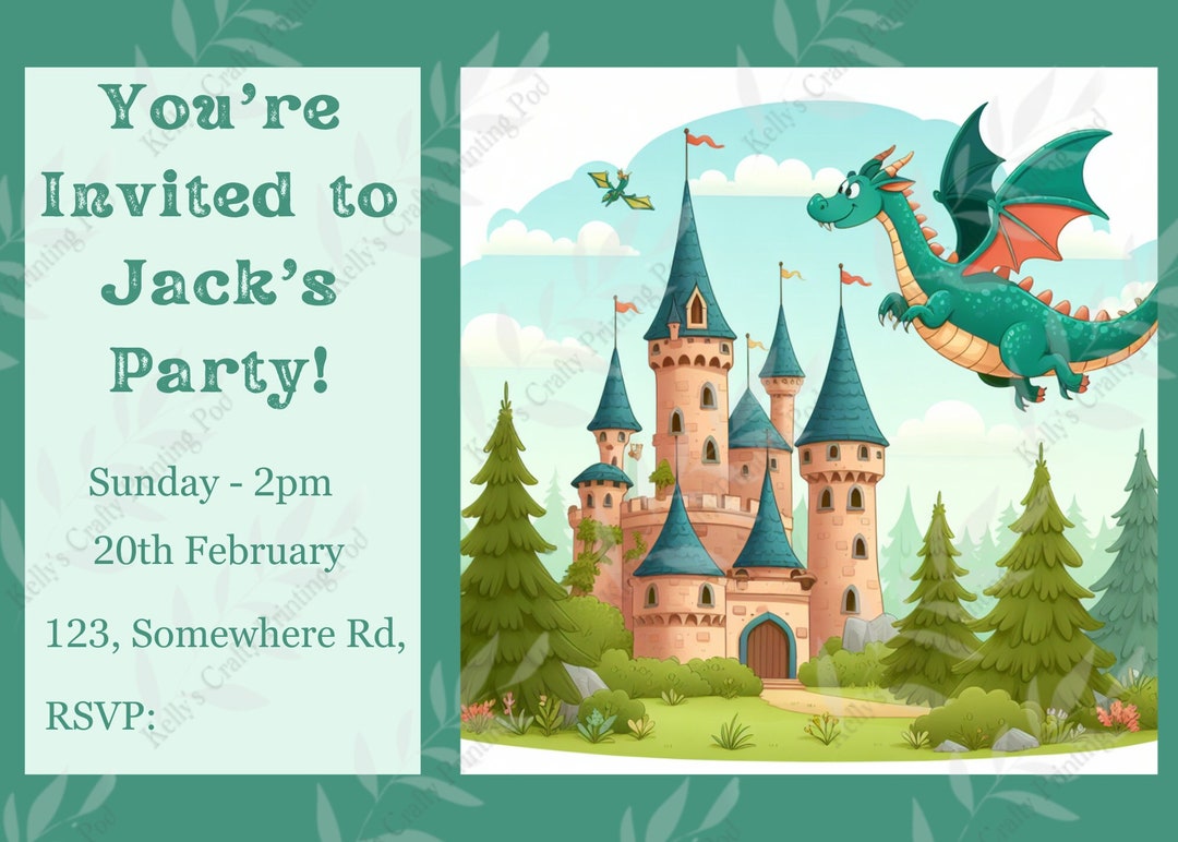 Birthday Party Invitations- Dragon/castle/knight/medieval/fantasy ...