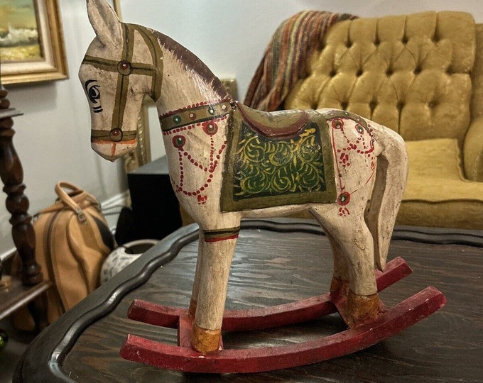 Hand Carved Wooden Rocking Horse Figurine Rustic Hand Painted White - Etsy