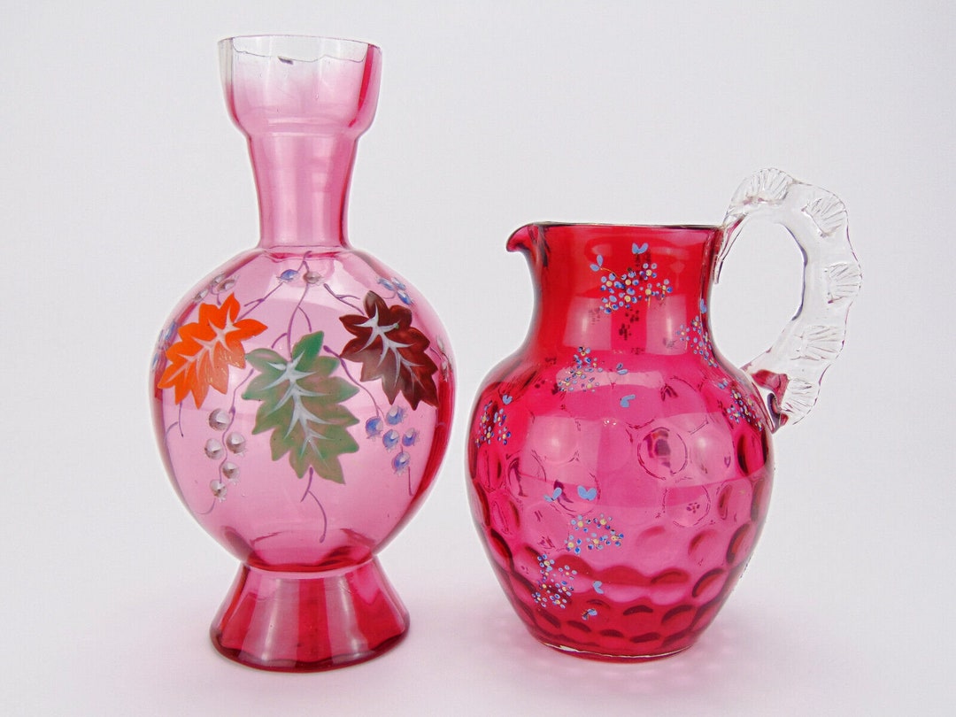 Antique Victorian Cranberry Glass Vase & Jug Hand Painted Floral Design ...
