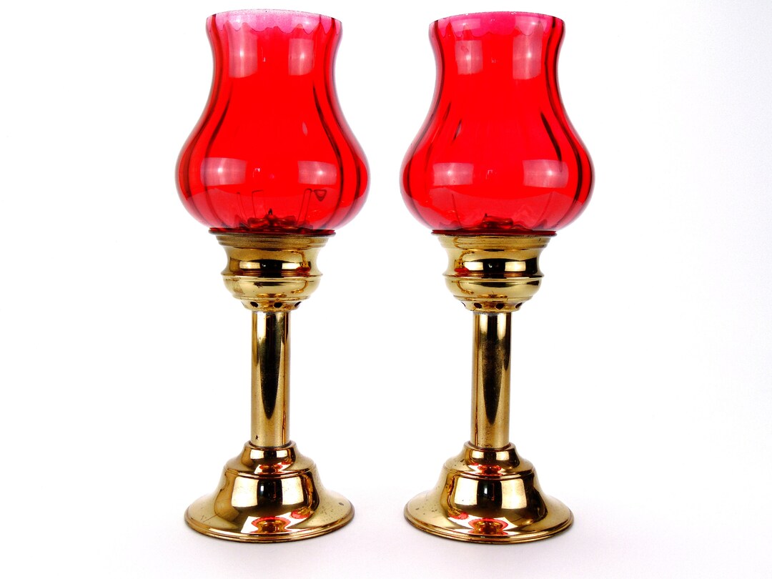 Vintage Brass Spring Loaded Candlesticks With Red Glass Pair - Etsy