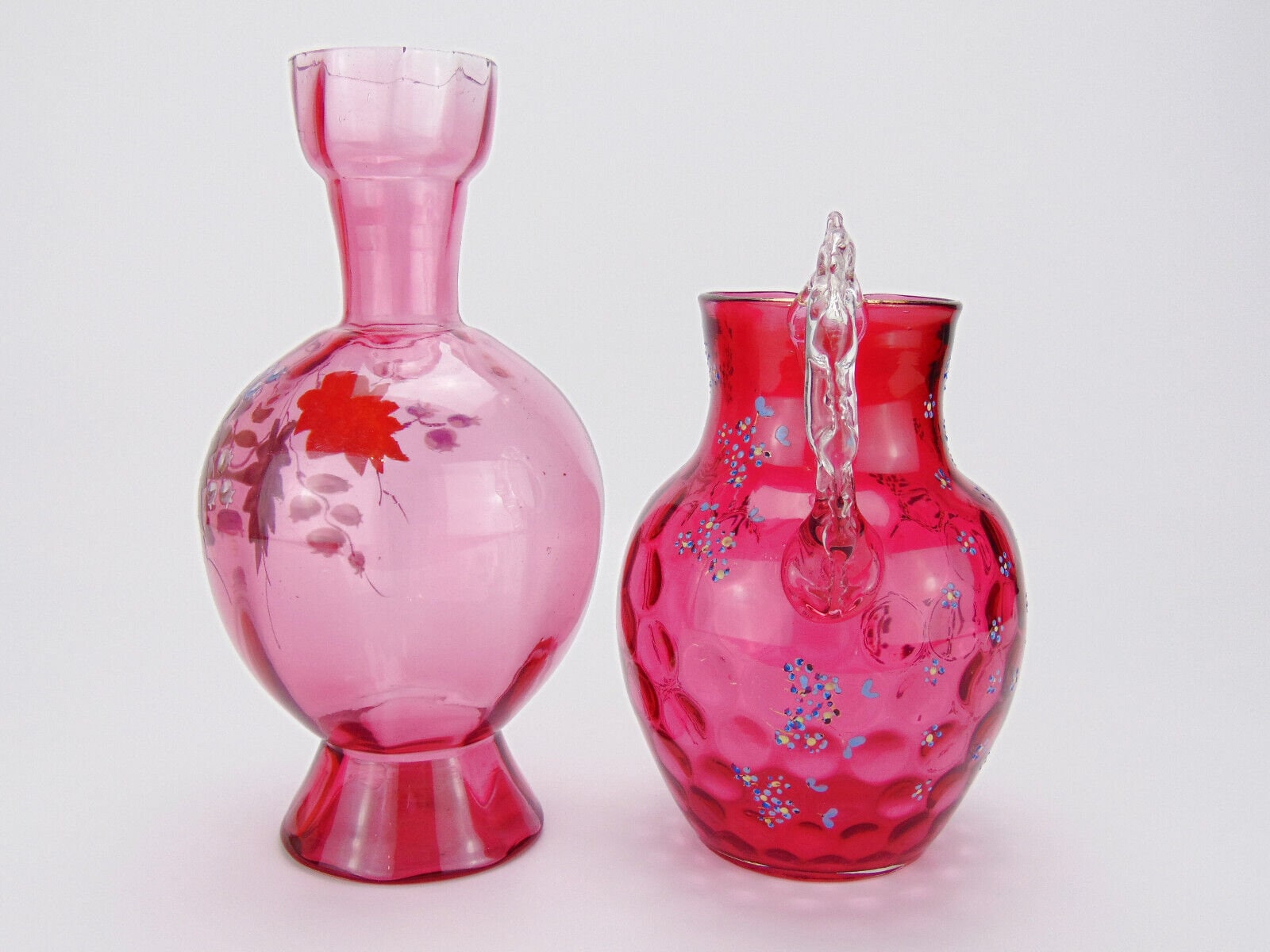 Antique Victorian Cranberry Glass Vase & Jug Hand Painted Floral Design ...