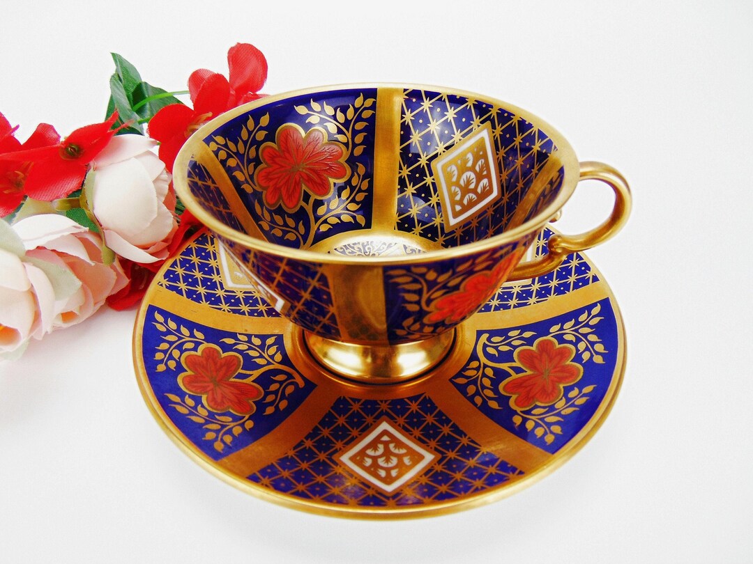 Caverswall Bone China Teacup & Saucer Romany Imari Pattern Gold Gilded ...