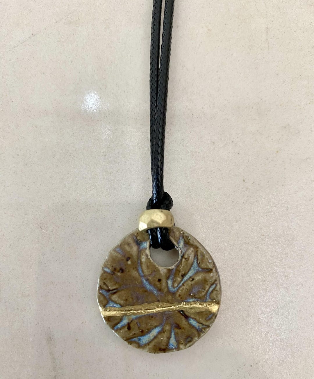 Handmade Kintsugi Necklace With Black Leather Cord, Brass Bead, and ...