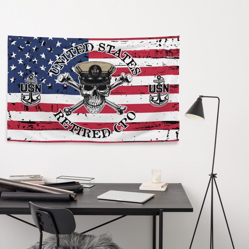 U.S. Retired CPO Chief Skull Crossbones With Distressed American Flag ...