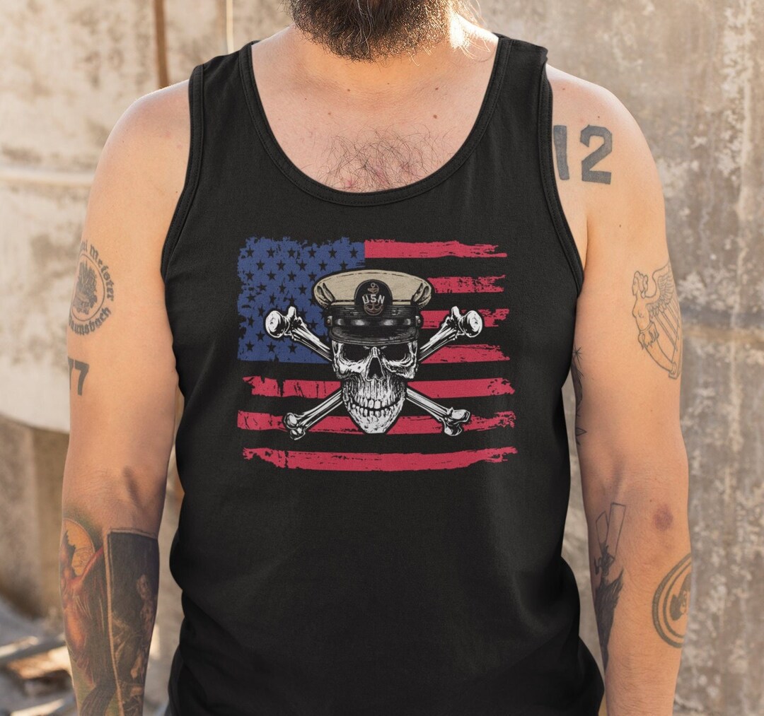 U.S. Chief CPO Skull and Crossbones Distressed American Flag Tank Top ...