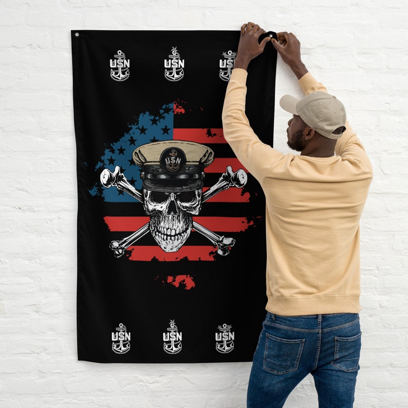 Naval CPO Chief Skull & Crossbones on American Flag Mk2 Black Flag - Etsy