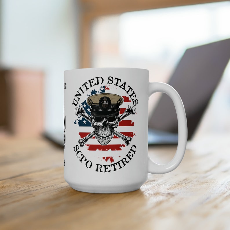 Naval SCPO Retired Senior Chief Skull Crossbones With Distressed American Flag White Coffee Mug ...