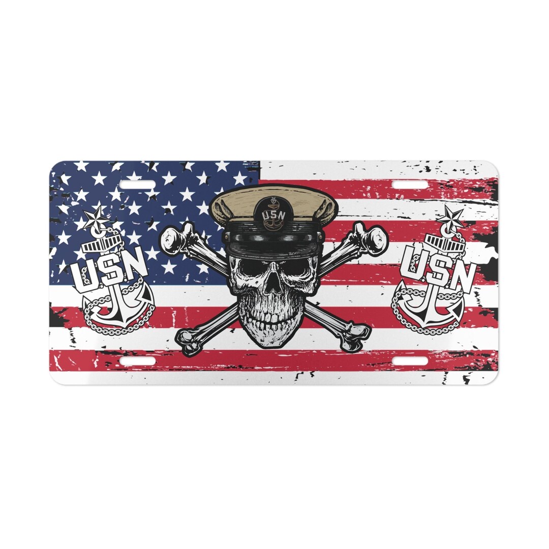 Naval Senior Chief Skull & Crossbones on American Flag Vanity License ...