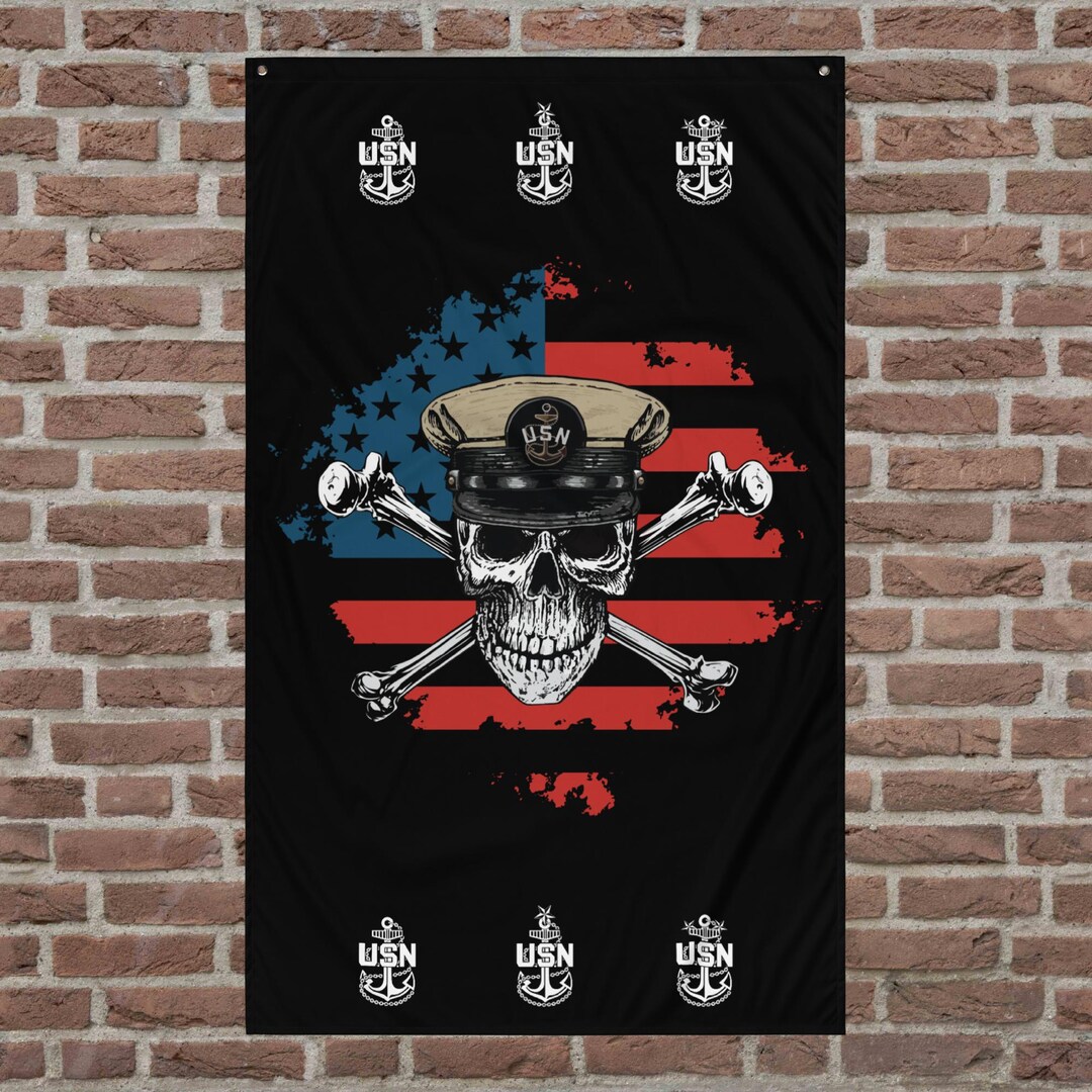 Naval CPO Chief Skull & Crossbones on American Flag Mk2 Black Flag - Etsy