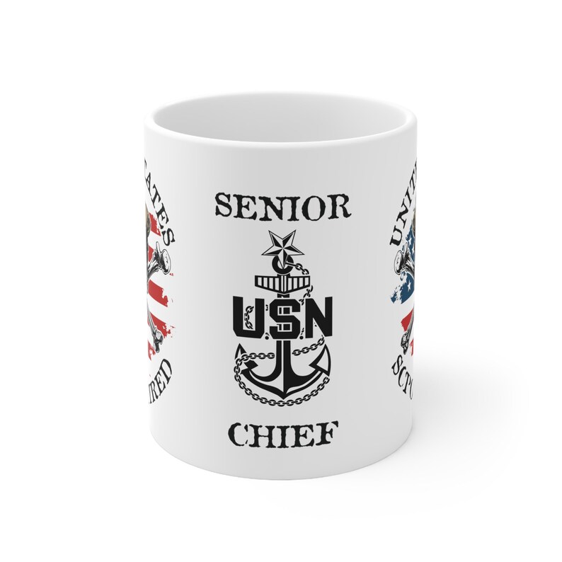 Naval SCPO Retired Senior Chief Skull Crossbones With Distressed American Flag White Coffee Mug ...