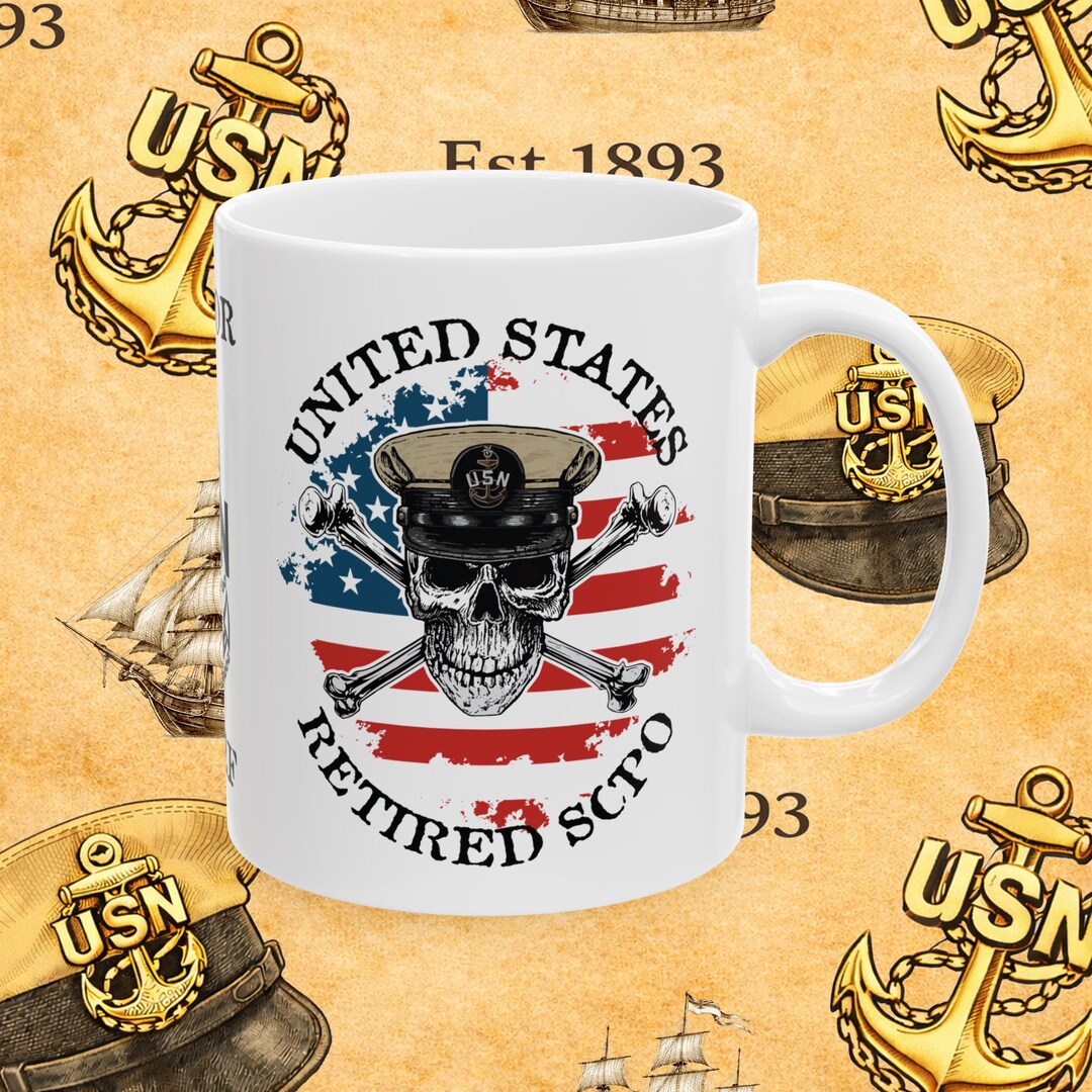 US Retired Senior Chief Skull Crossbones With Distressed American Flag ...