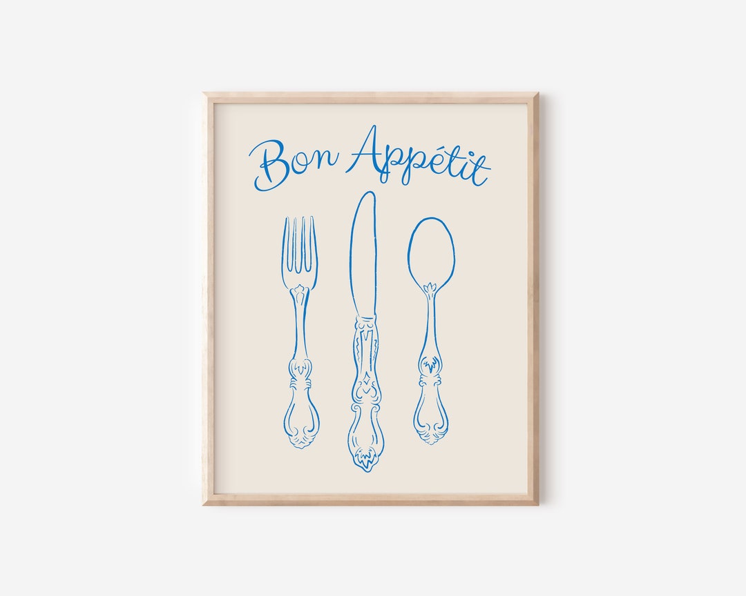 Bon Appétit Cutlery Ink Drawing | French Art Print | Silverware Line ...