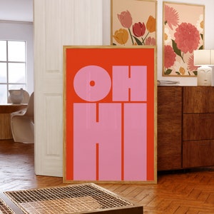 OH HI Typography Print | Modern Pink on Red Poster (digital Download ...
