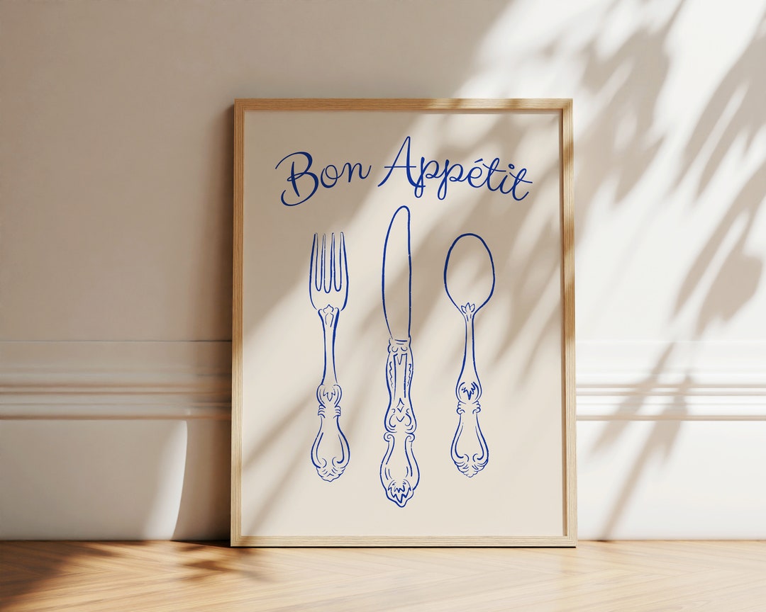 Bon Appétit Cutlery Ink Drawing French Art Print Silverware Line Art ...