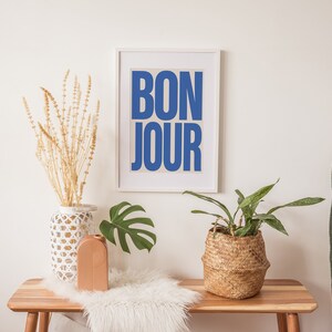 Bonjour Typography Poster | Type Print | Trendy Wall Art | Retro French ...