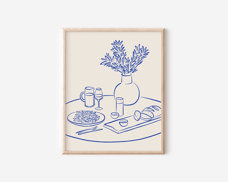 Table Setting Ink Drawing Restaurant Art Print Girl Dinner Line Art ...