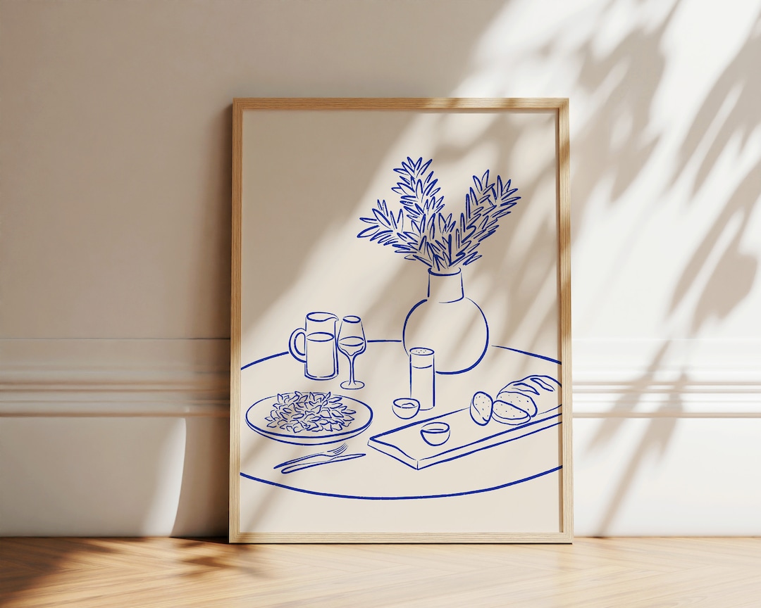 Table Setting Ink Drawing | Restaurant Art Print | Girl Dinner | Line ...