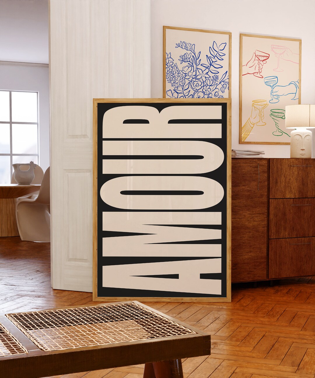 Amour Typography Print | Retro French Art, Beige & Black (instant ...