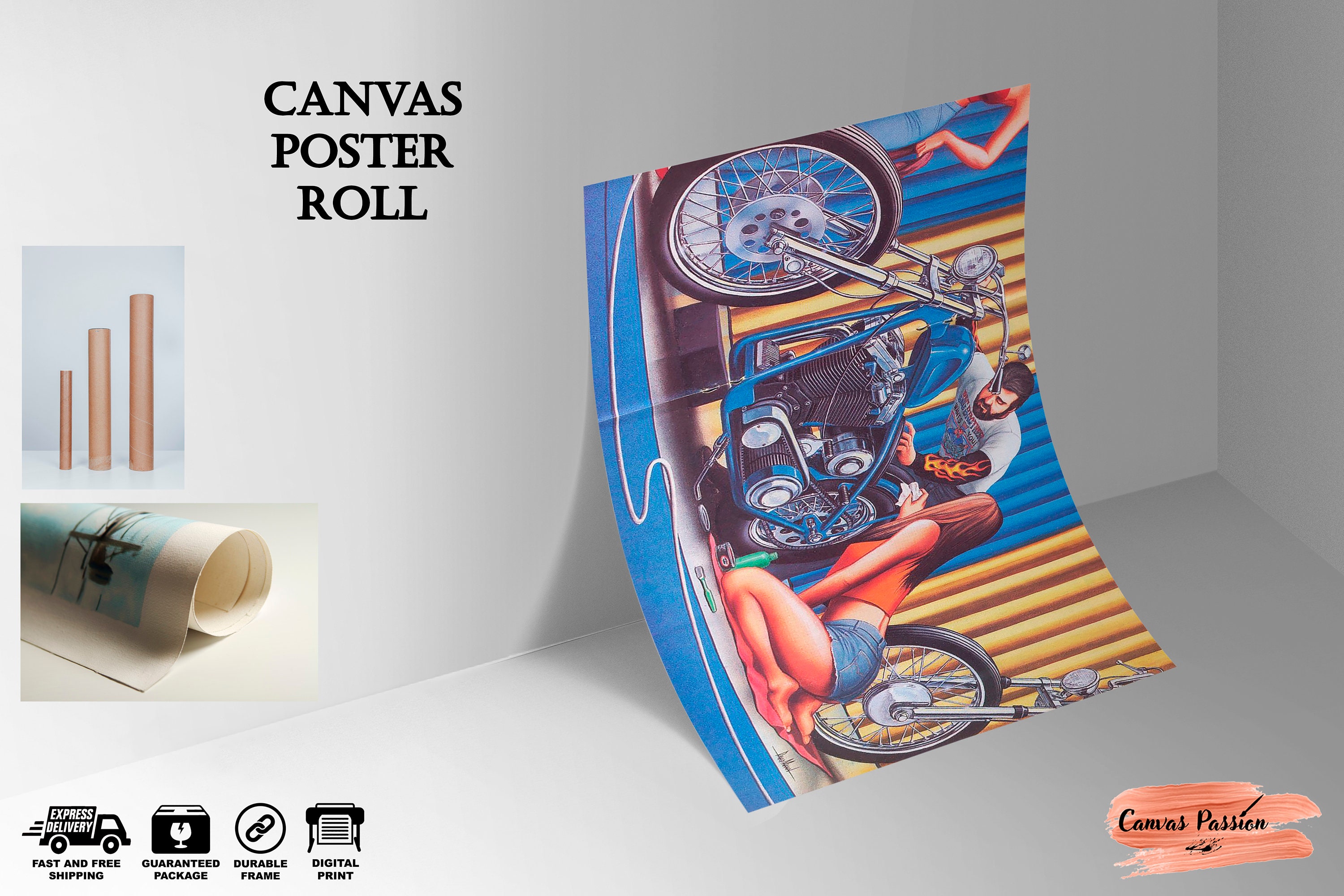 Motorcycle Garage Wall Decor, Woman and Chopper Canvas, Motorcycle Wall Decor, Chopper ...