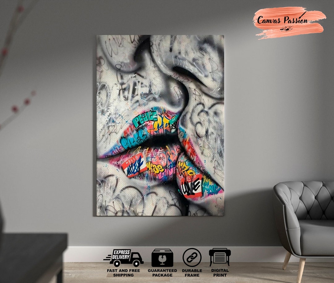 Kiss Graffiti Canvas Painting, Kissing Couple Canvas, Graffiti Art ...