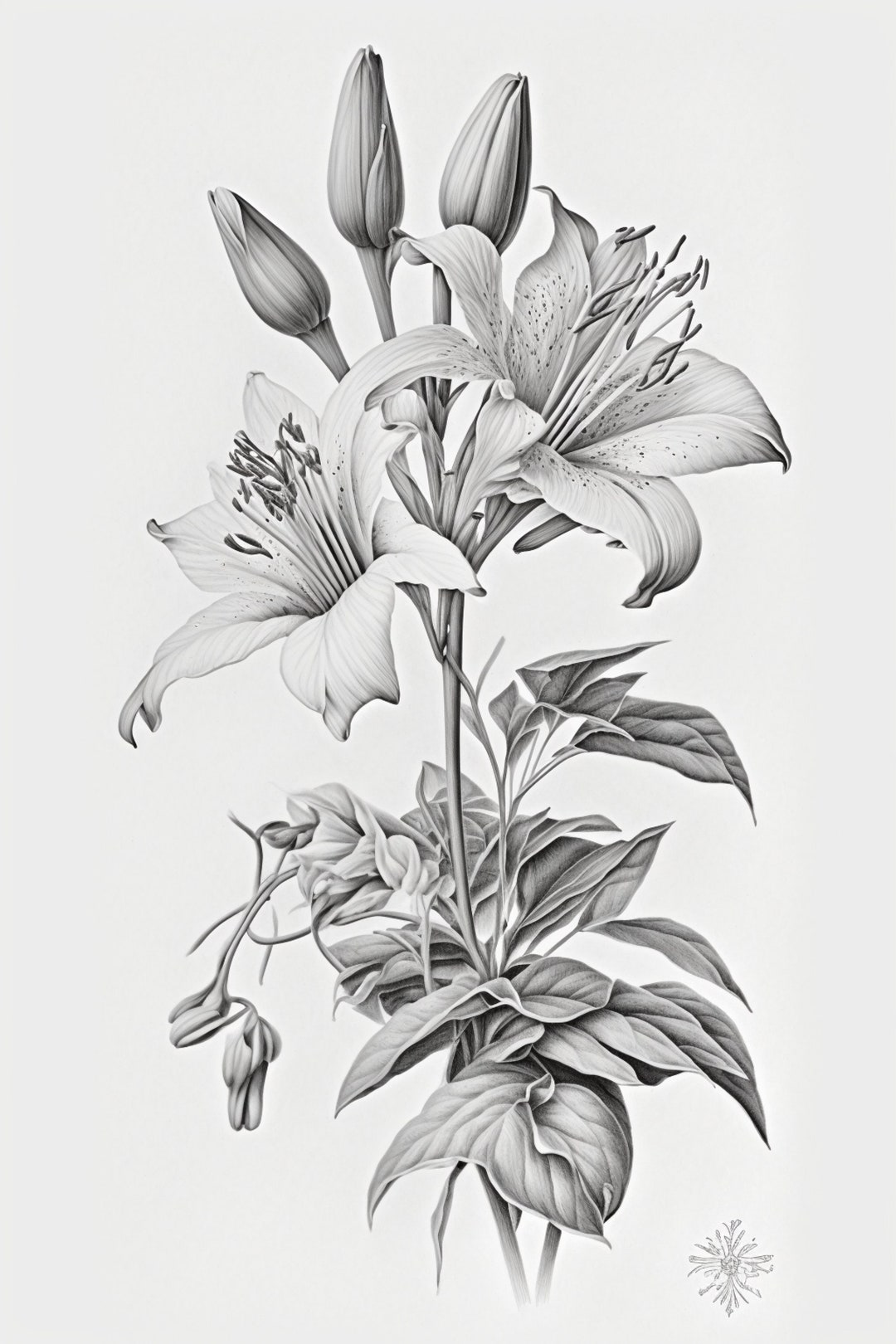 Lily Flowers, Pencil Sketch, Botanical Art, Floral, Fine Art, Nature ...