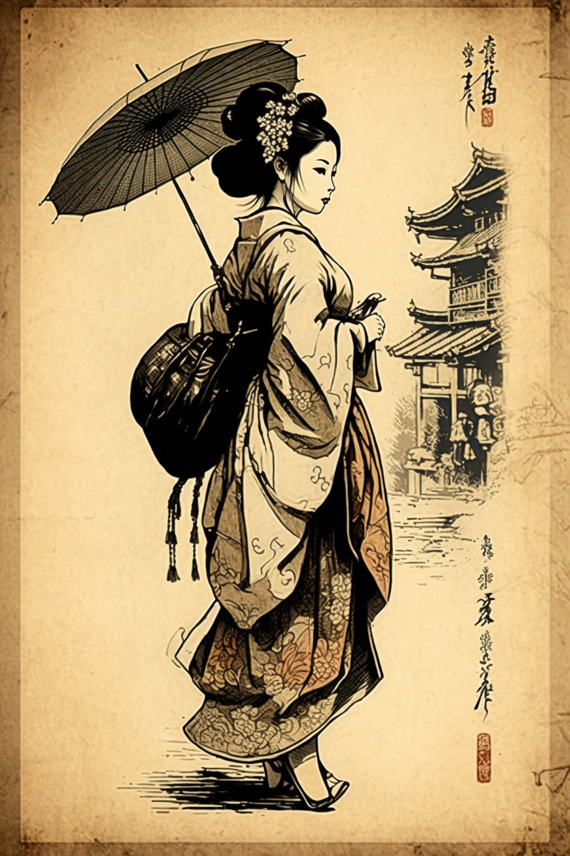 Edo Period Japanese Geisha Walking Japanese Print Line Art Japanese Art Edo Period Geisha