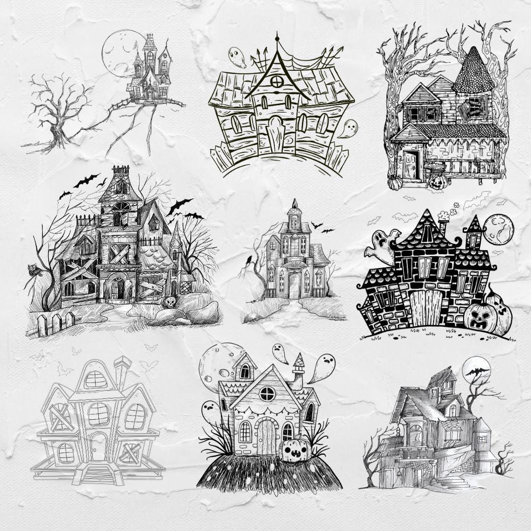 Halloween Haunted House and Ghost Art Bundle | Hand Drawn Halloween ...