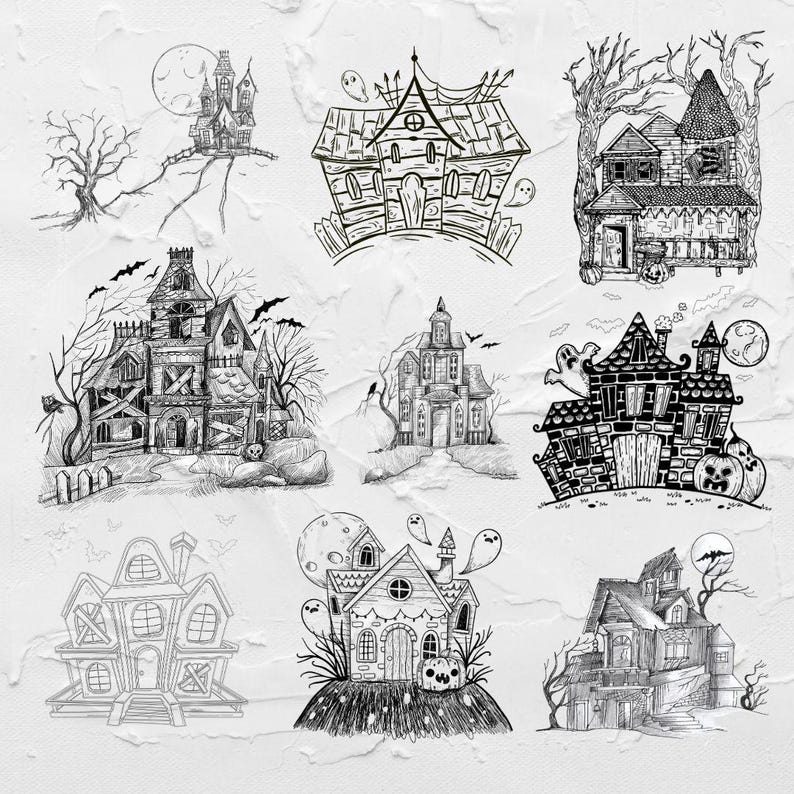 Halloween Haunted House and Ghost Art Bundle | Hand Drawn Halloween ...