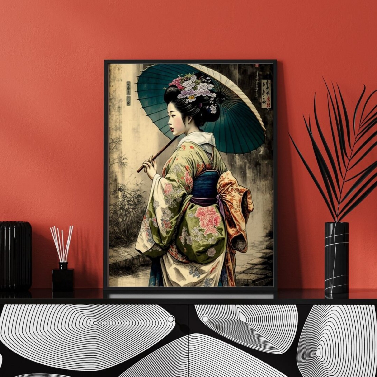 Edo Period Japanese Geisha Walking Japanese Print Line Art Japanese Art ...