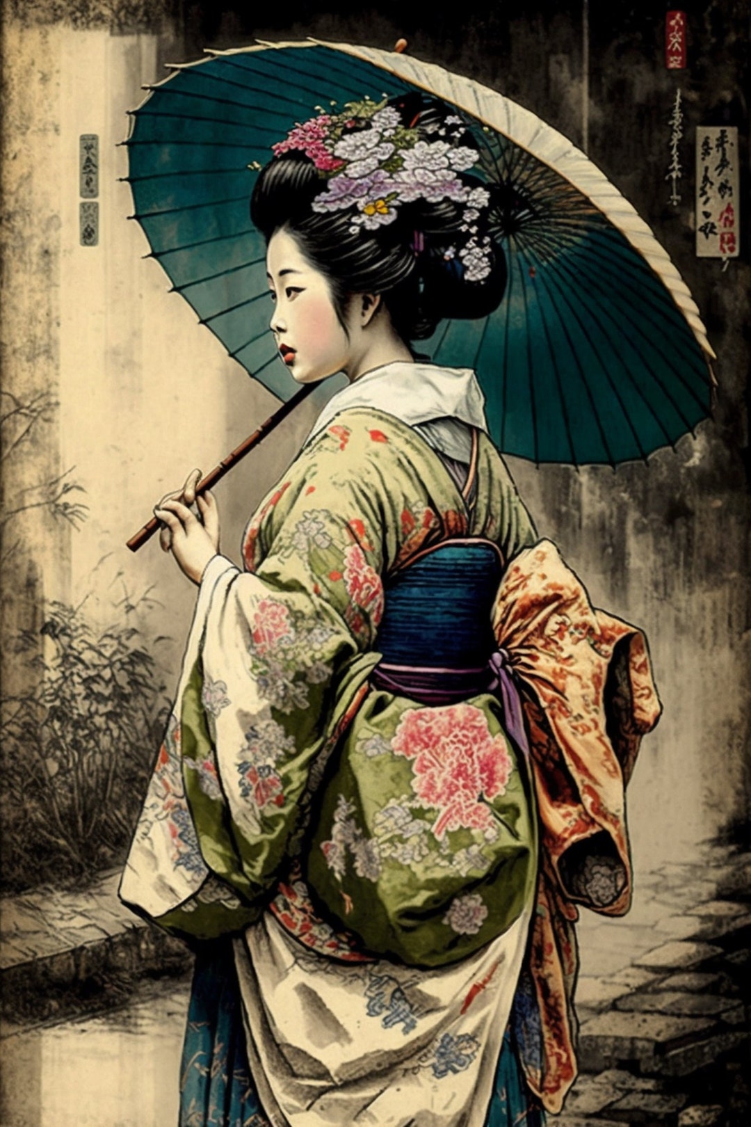 Edo Period Japanese Geisha Walking Japanese Print Line Art Japanese Art ...
