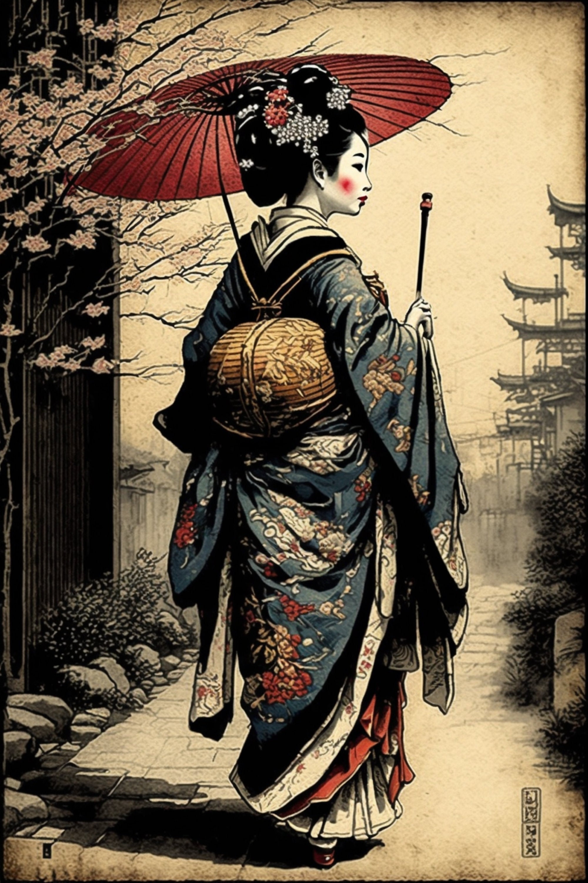 Edo Period Japanese Geisha Walking Japanese Print Line Art Japanese Art ...