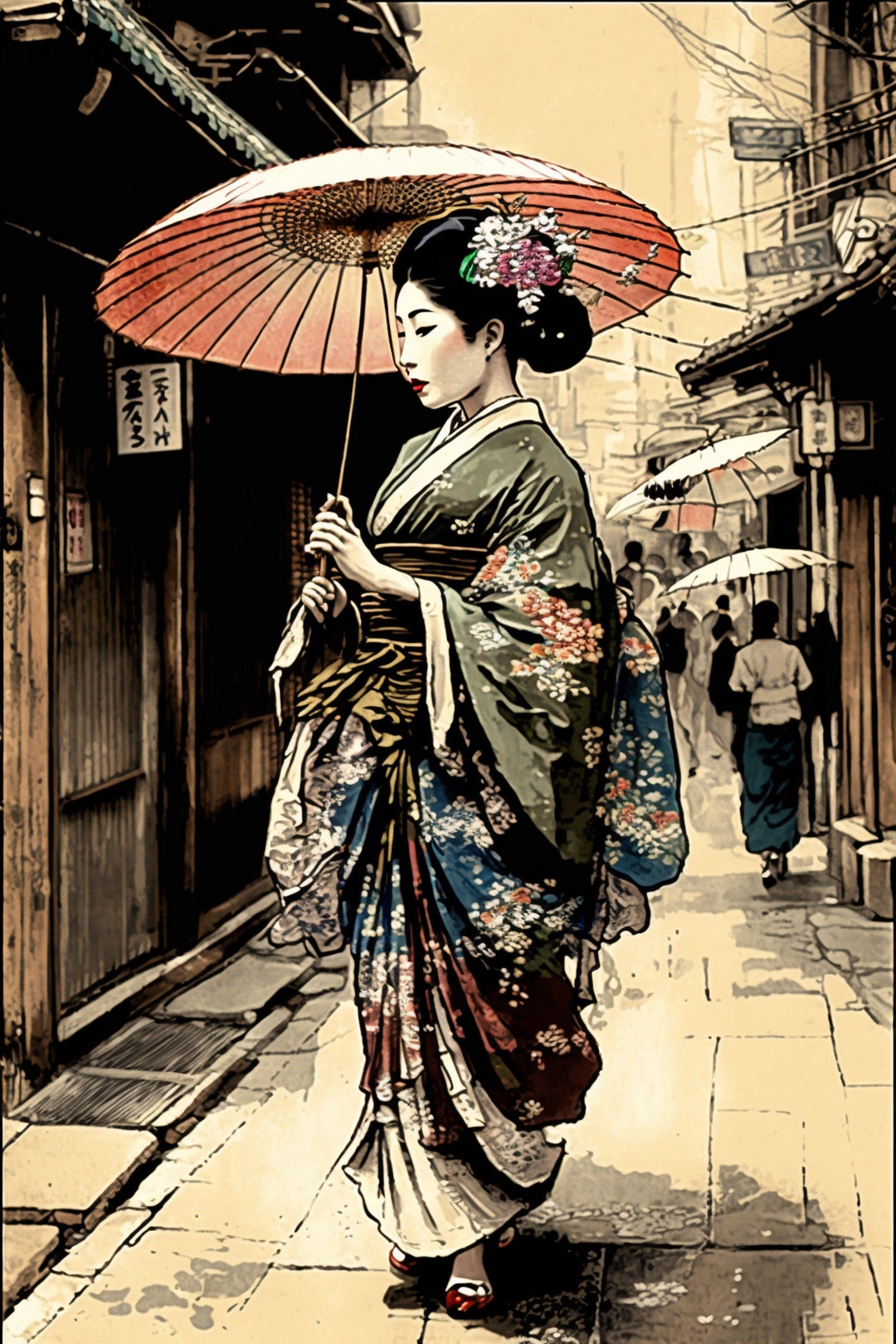 Edo Period Japanese Geisha Walking Japanese Print Line Art Japanese Art, Edo Period, Geisha ...