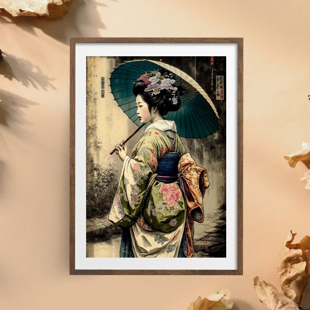 Edo Period Japanese Geisha Walking Japanese Print Line Art Japanese Art ...