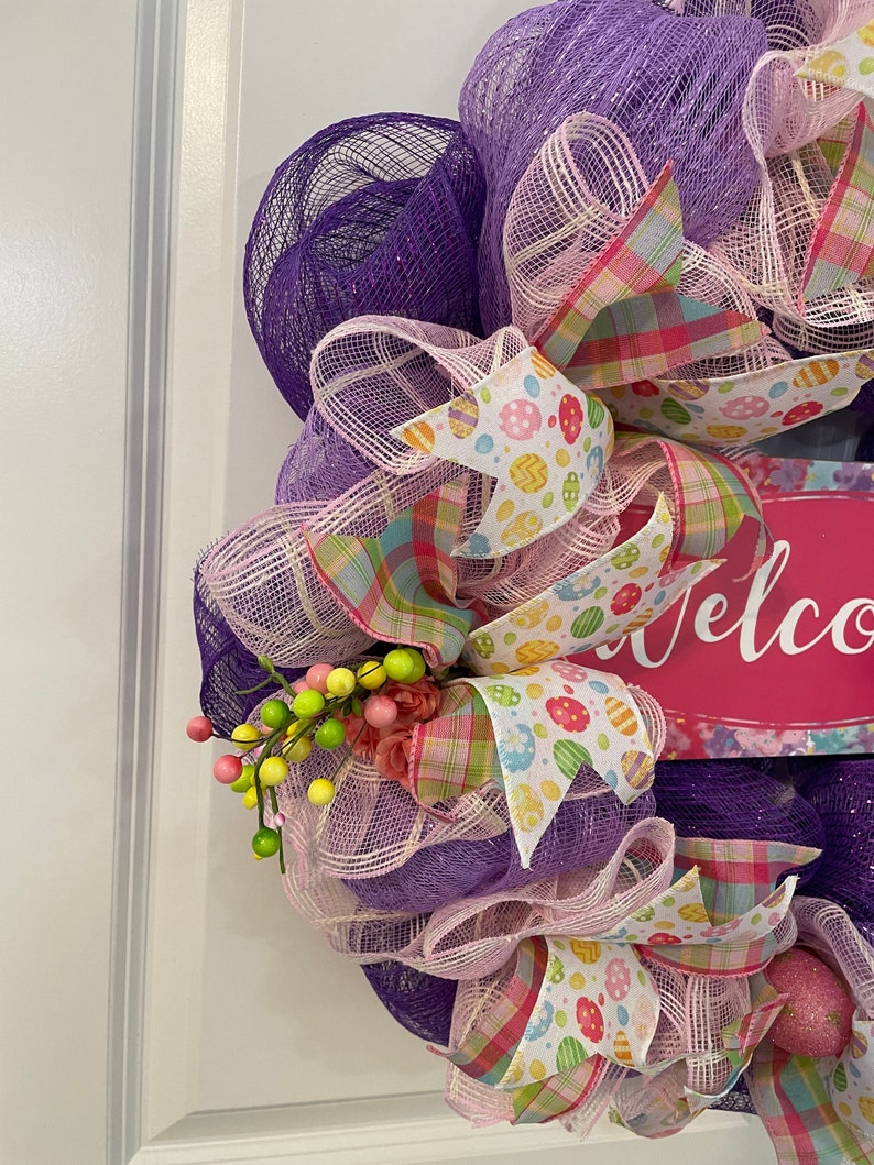 Spring Deco Mesh Welcome Wreath, Spring Wreath, Purple and Pink ...